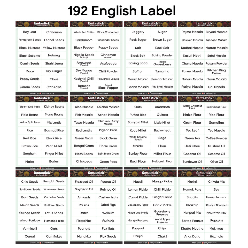 Kitchen waterproof laminated labels (192 Printed + 16 Blanks) – Fantastick
